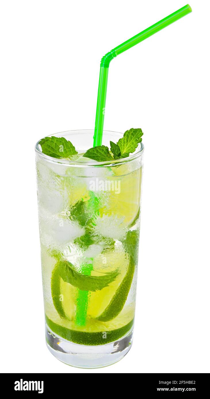 mojito cocktail with lime and leaf mint isolated on white background ...