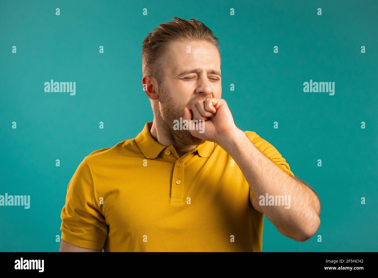 Tired sleepy man yawns. Lazy guy showing emotion of very boring ...