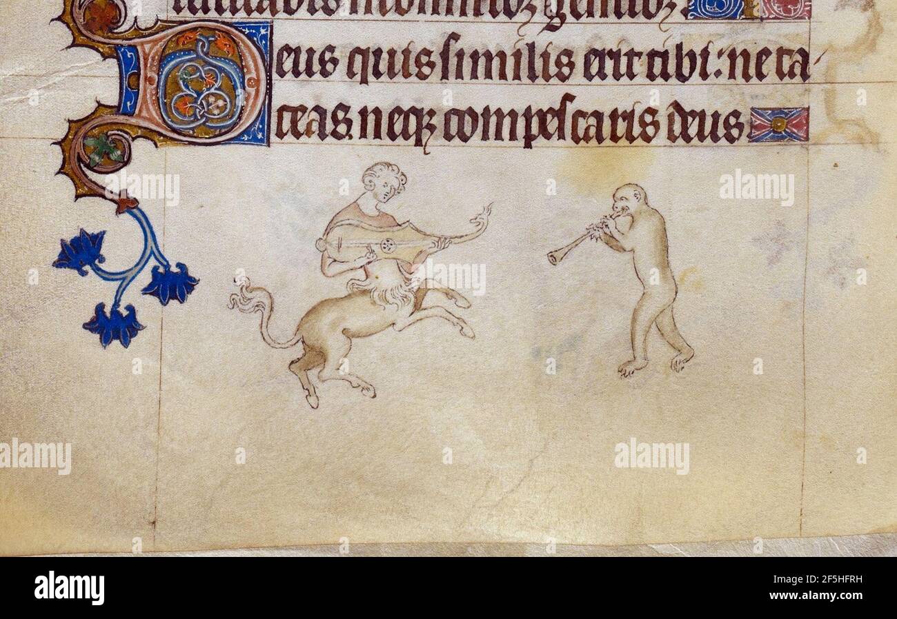 Queen Mary Psalter centaur and monkey playing citole and trumet Stock ...