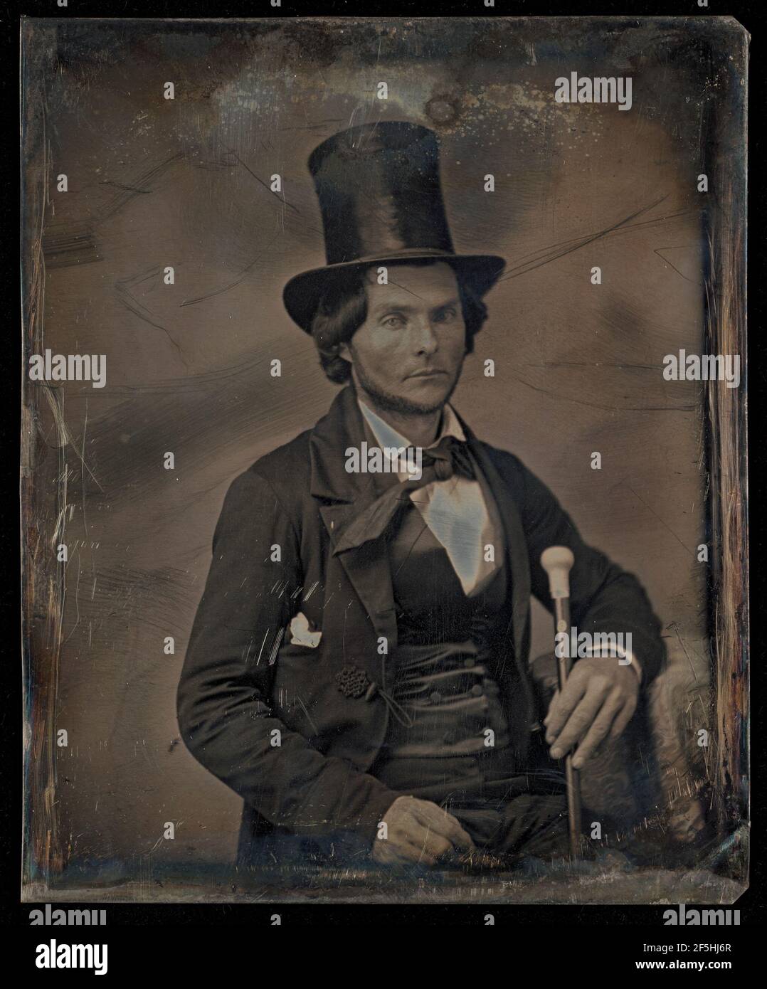 Portrait of a Seated Man with Chin Beard in Top Hat Holding Walking ...