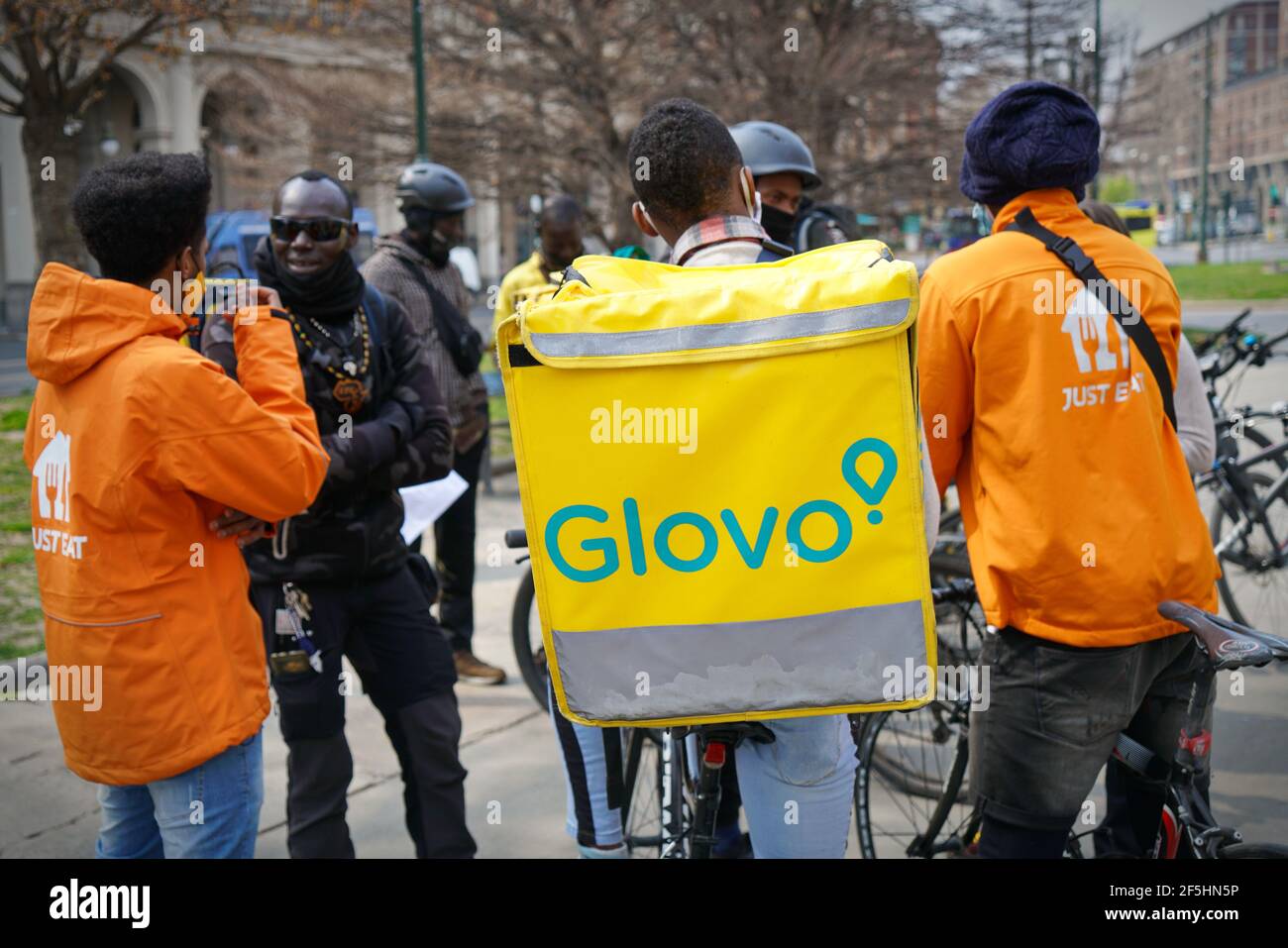 Bicycle food delivery riders protest against working conditions. Turin ...