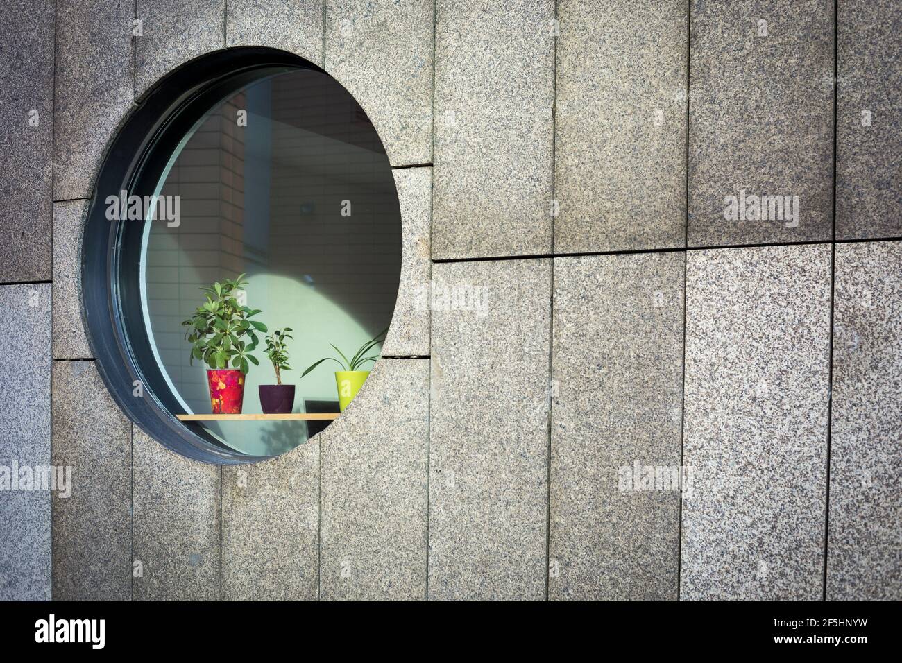 Round office window on facade of a modern gray building with plants ...