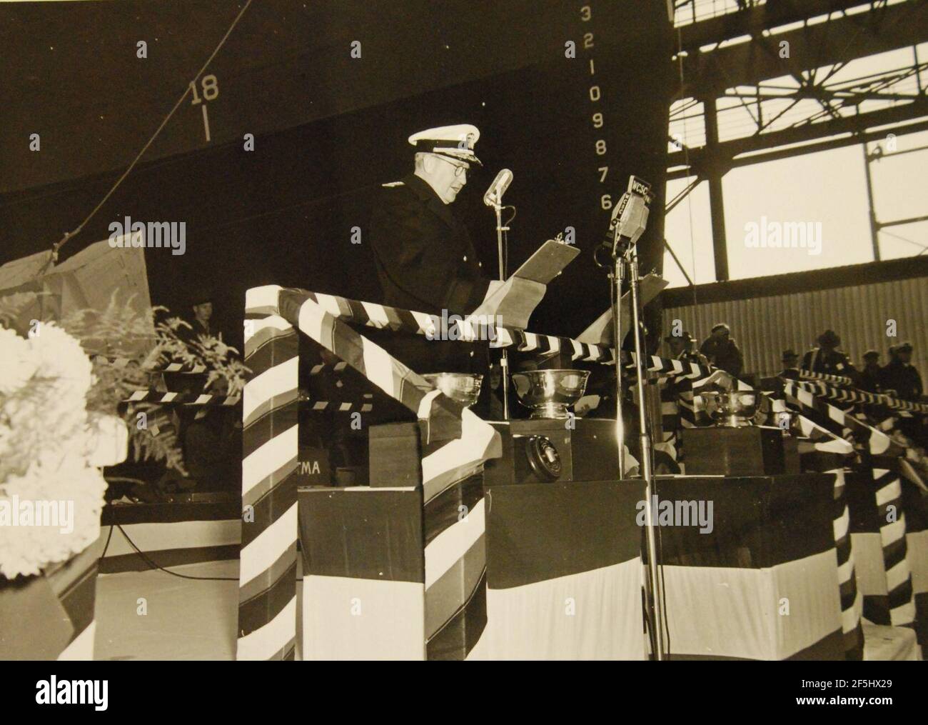 Rear Admiral Allen speaking at dual launching of USS Beatty (DD-640 ...