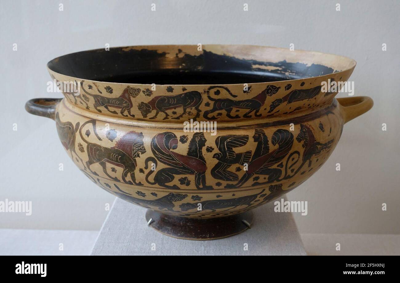 Real and mythical animals, stemless kylix, Greek-Corinthian, c. 590-580 ...