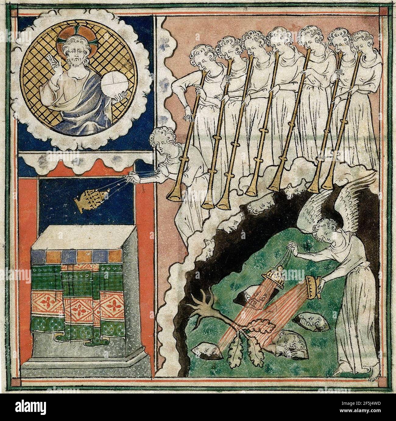 Queen Mary Apocalypse - BL Royal MS 19 B XV f. 13v - Seven trumpets ...