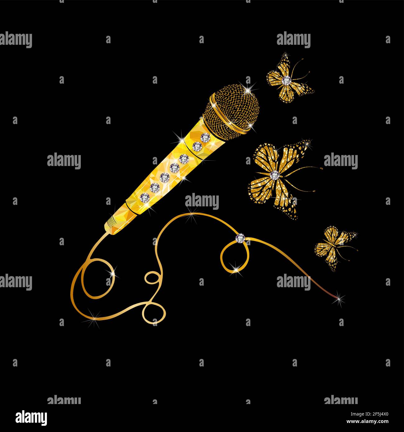 Gold microphone with beautiful shiny butterflies. Mic vector icon ...