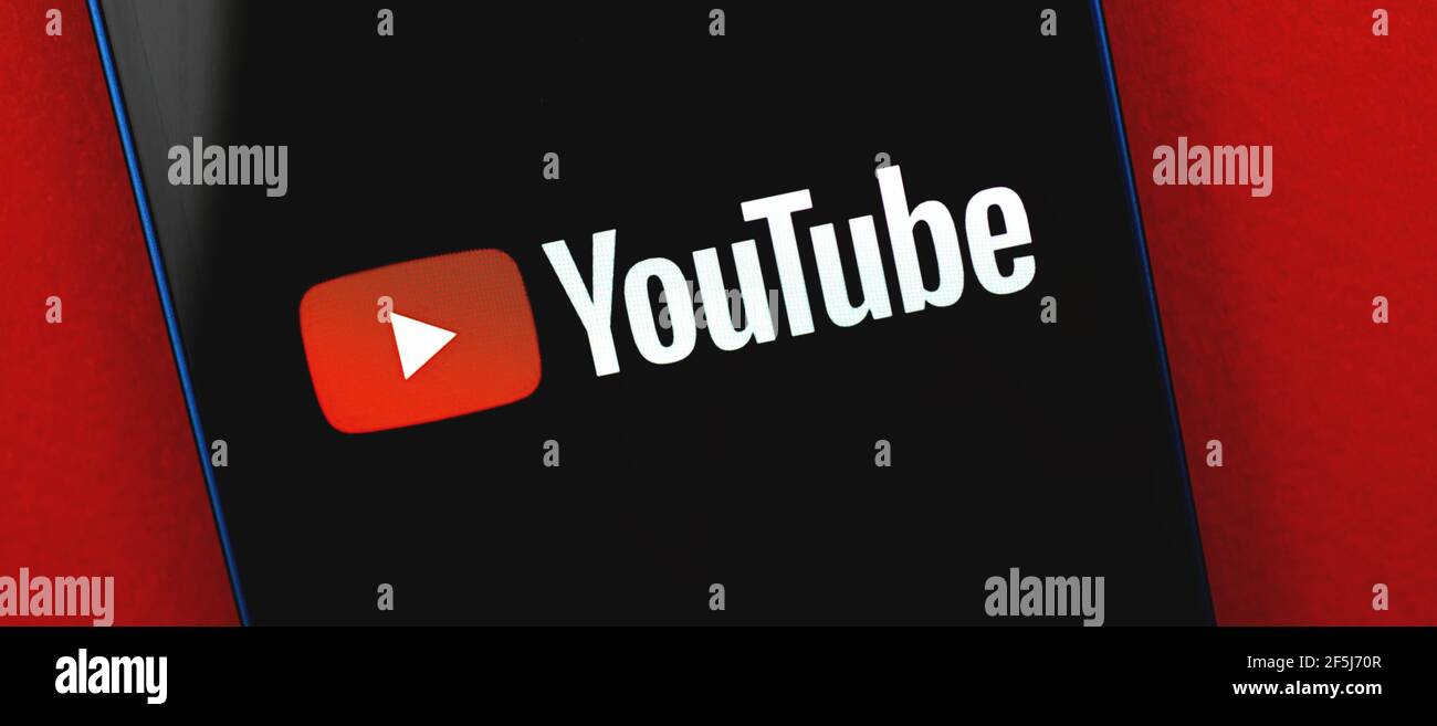 Kharkov, Ukraine - March 24, 2021: Youtube logo close up view, banner ...