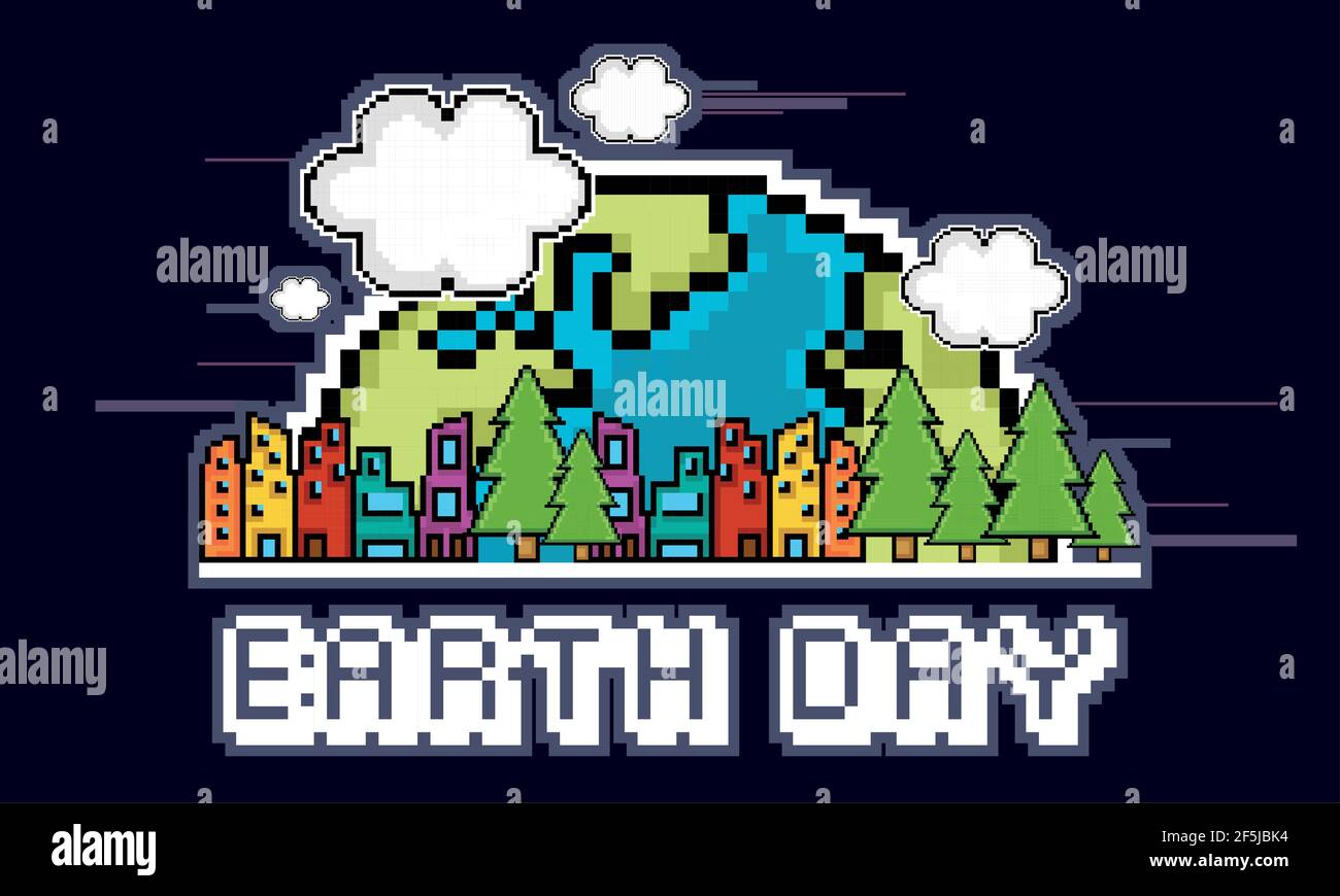 Earth day pixel art. Earth with a metropolis - Vector illustration ...