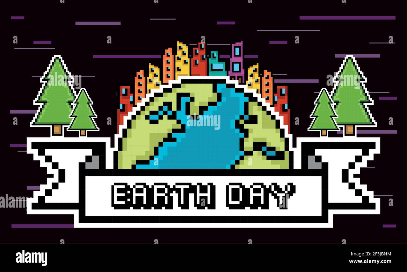 Earth day pixel art. Earth with a metropolis - Vector illustration ...