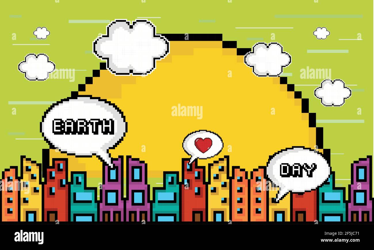 PIxeled metropolis celebrating earth day - Vector illustration Stock ...