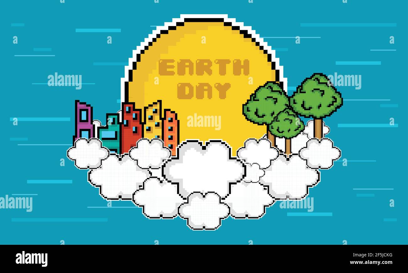 PIxeled metropolis celebrating earth day - Vector illustration Stock ...