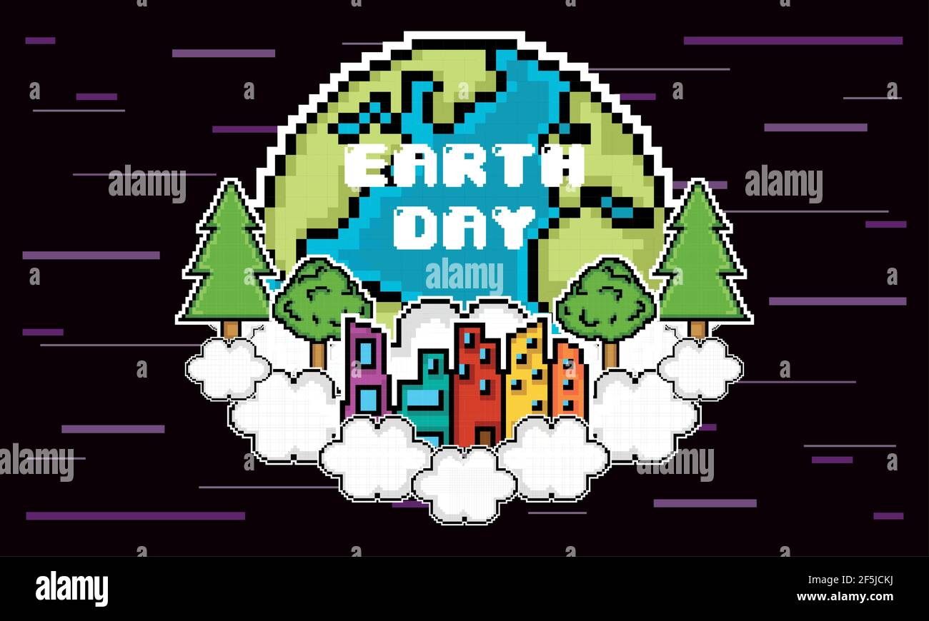 Earth day pixel art. Earth with a metropolis - Vector illustration ...