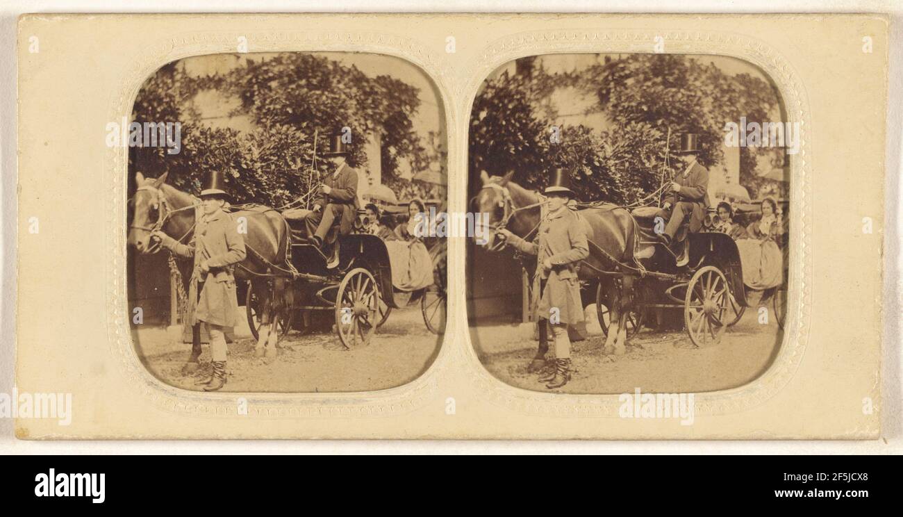Two women in a horse-drawn carriage with two men drivers wearing top ...