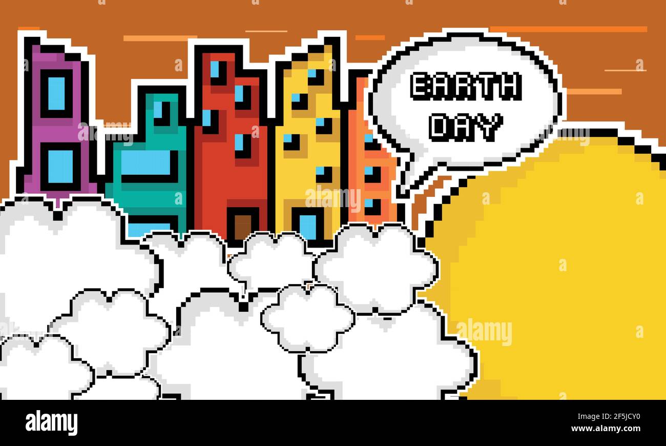 PIxeled metropolis celebrating earth day - Vector illustration Stock ...