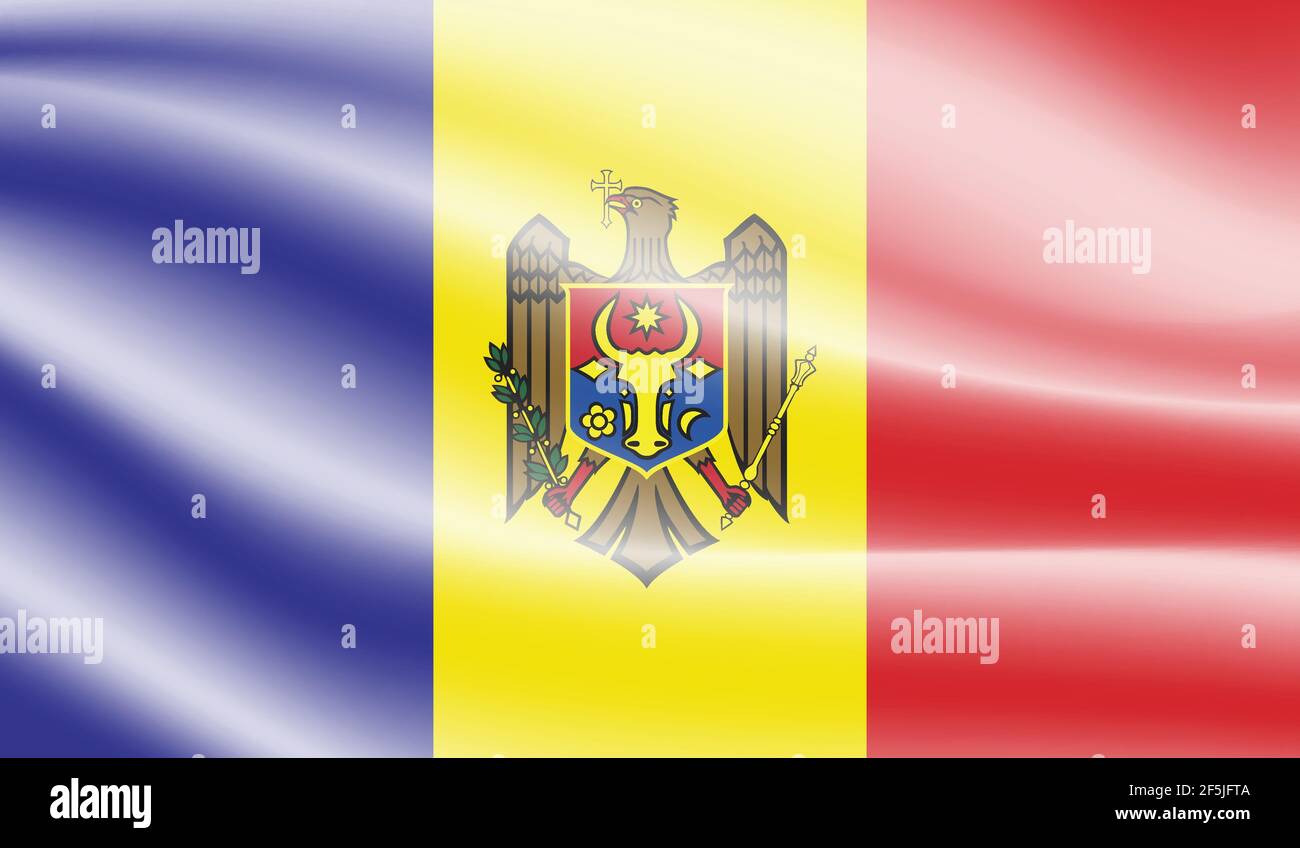 Moldova country flag on wavy silk fabric background panorama ...