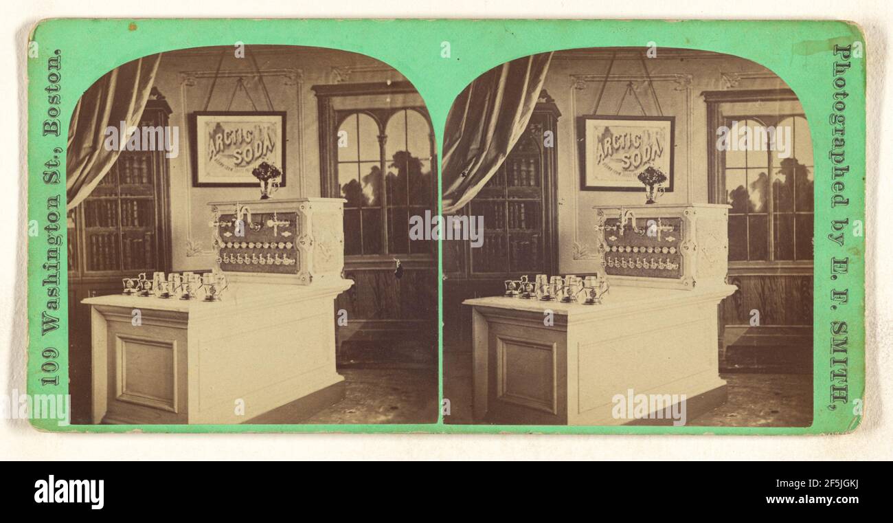 Interior of a study with bar, "Arctic Soda" framed sign on wall. Edward ...