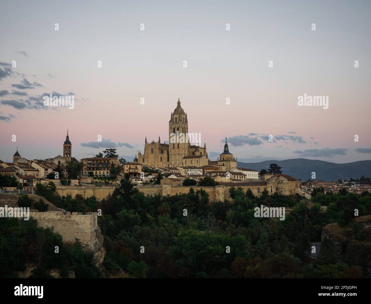 Panorama sunset view of Segovia old town historic city centre with ...