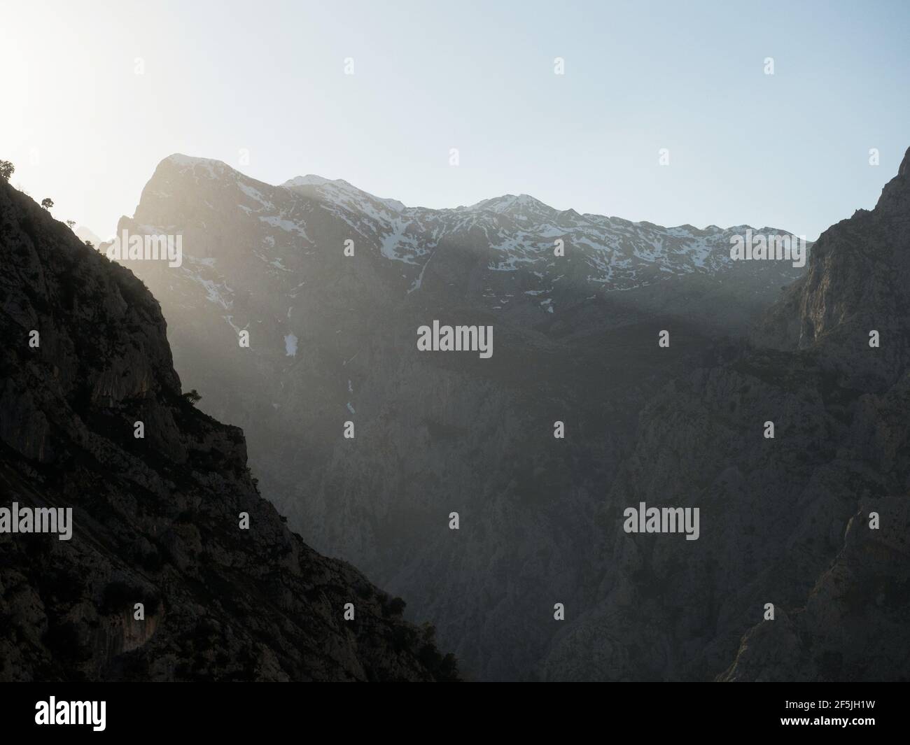 Summit panorama view of Picos de Europa mountain range in gorge valley ...