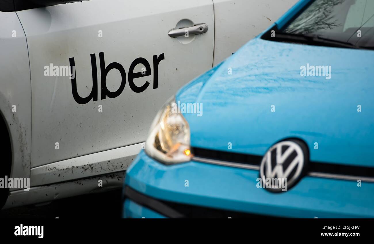 Bucharest, Romania - March 17, 2021: A white Uber logo branded dirty ...