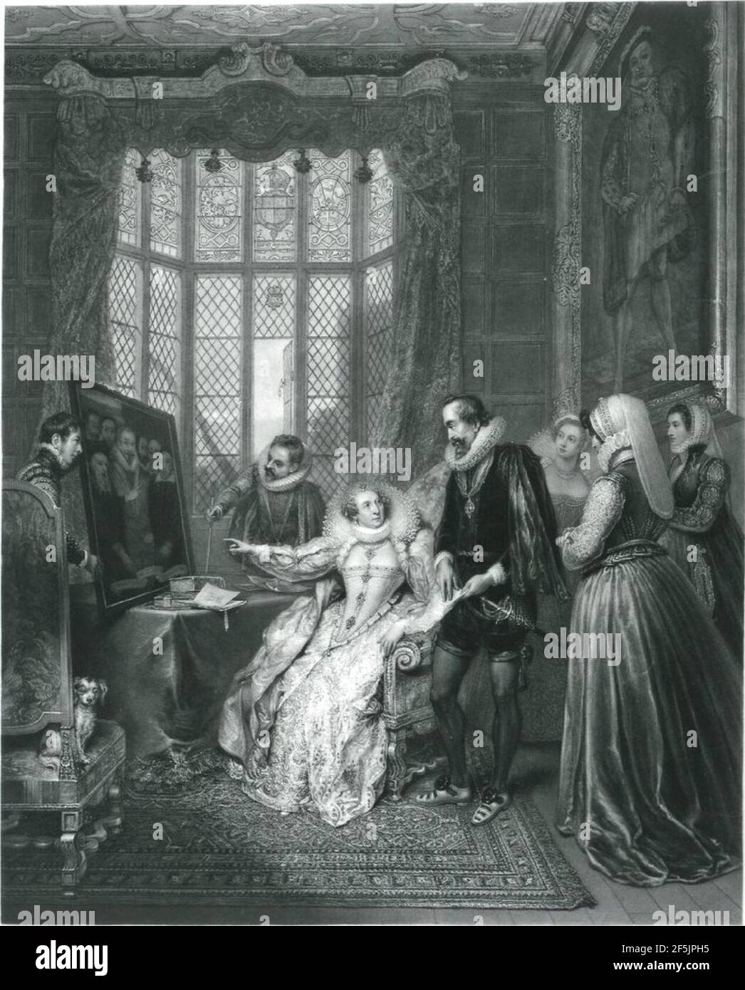Queen Elizabeth attended by her secretary Sir Francis Walsingham ...