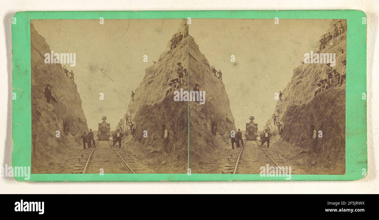 Railroad scene, men at tracks and on cliffs, Union Pacific Railroad ...