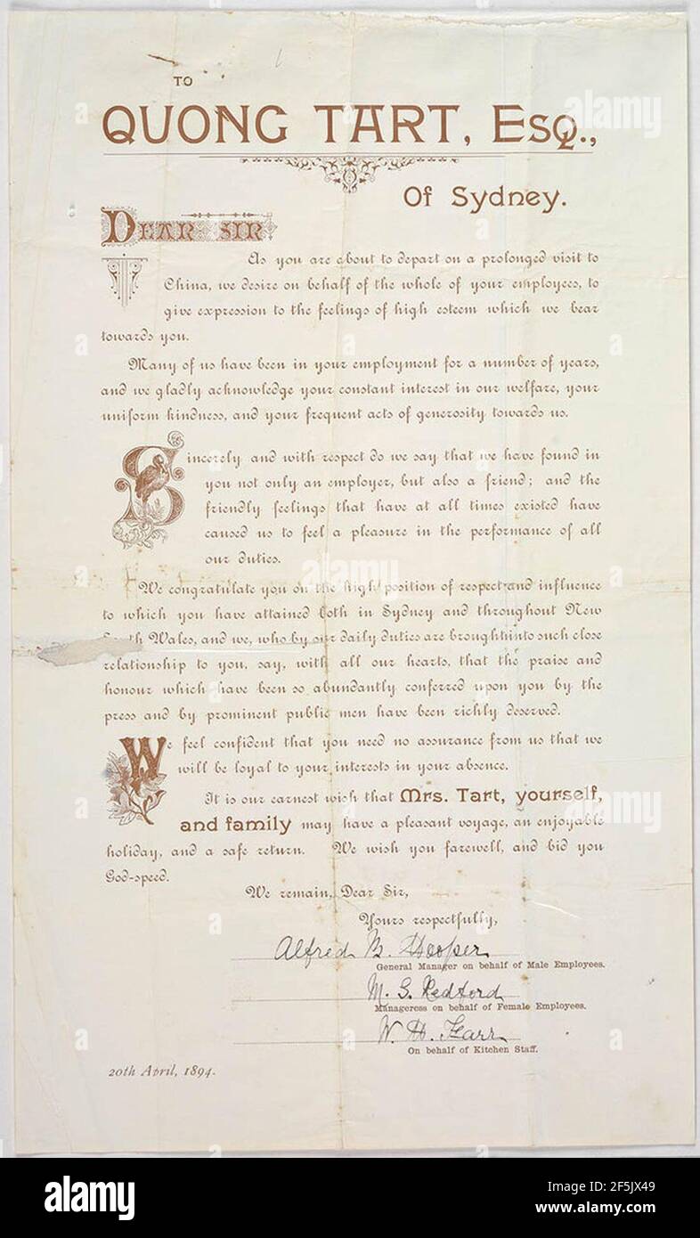 Quong Tart bon voyage letter (1894 Stock Photo - Alamy