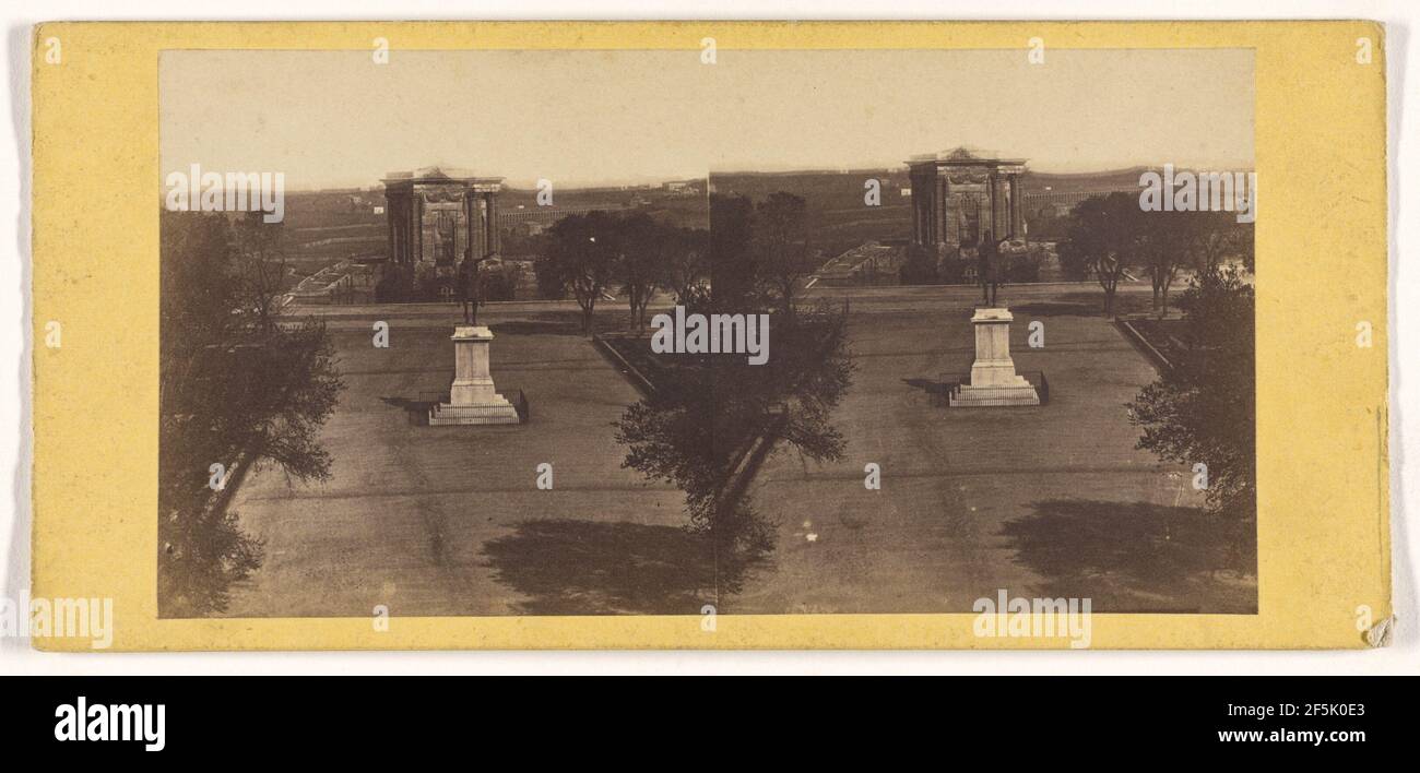 View of a French park, statue and large building in background. Unknown ...
