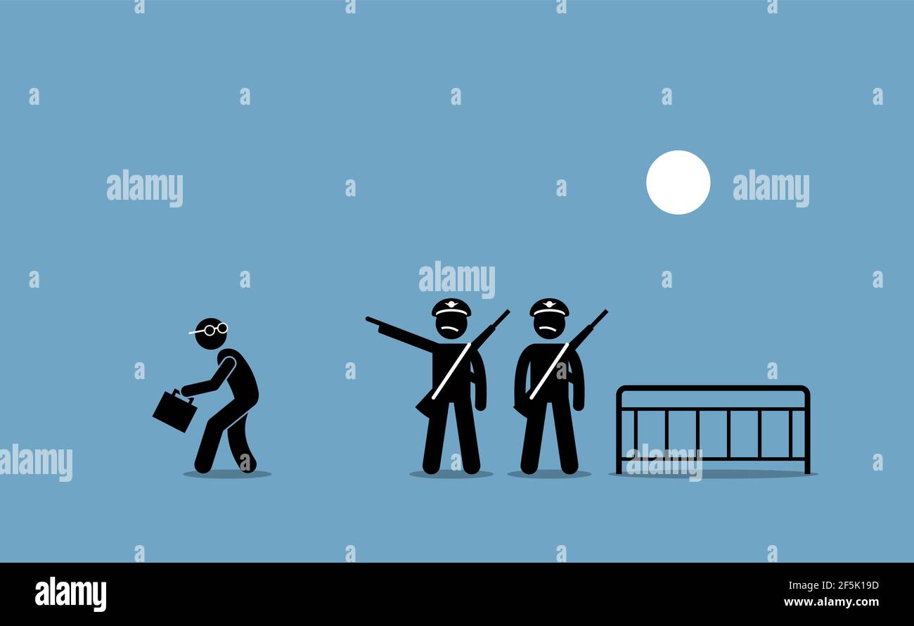 Police or guards turning away a person from entering a restricted area ...