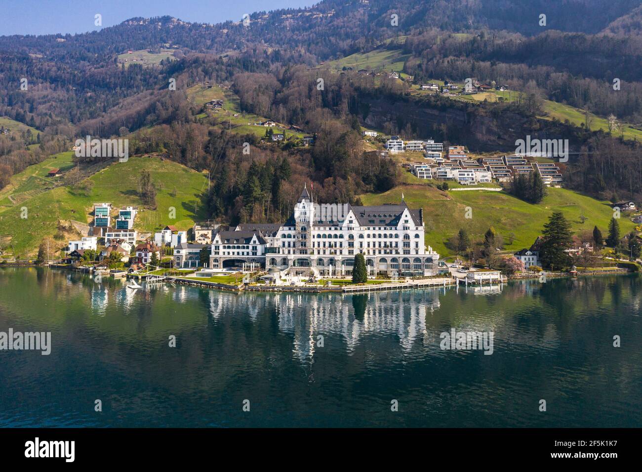 Vitznau, Switzerland - March 28 2020: Dramatic aerial view of the ...