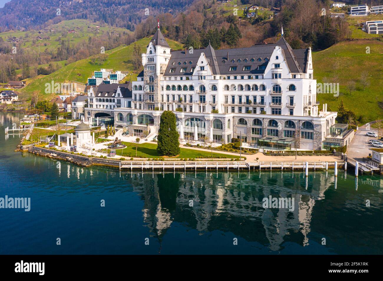 Vitznau, Switzerland - March 28 2020: Dramatic aerial view of the ...