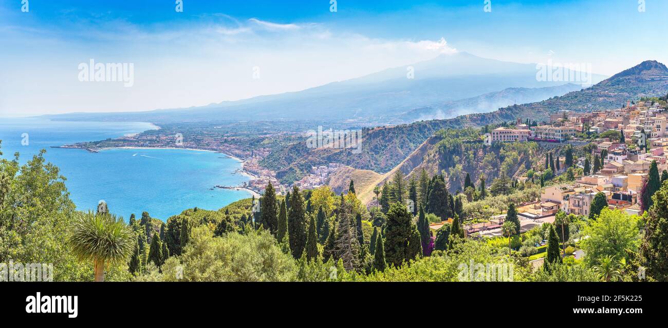 Panoramic aerial view of Taormina in Sicily, Italy in a beautiful ...