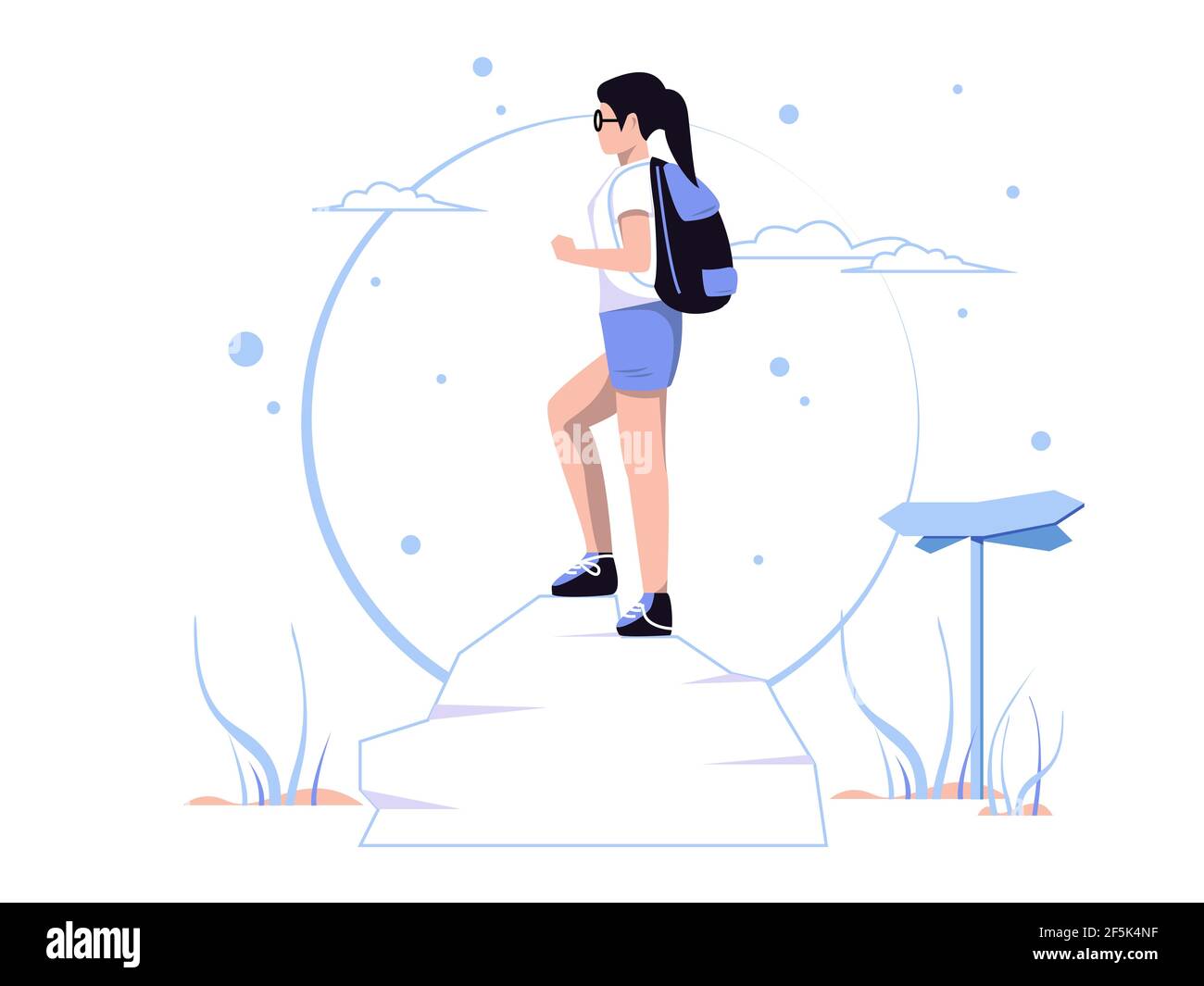 Holidays and adventures. Woman standing on rock. Character concept ...