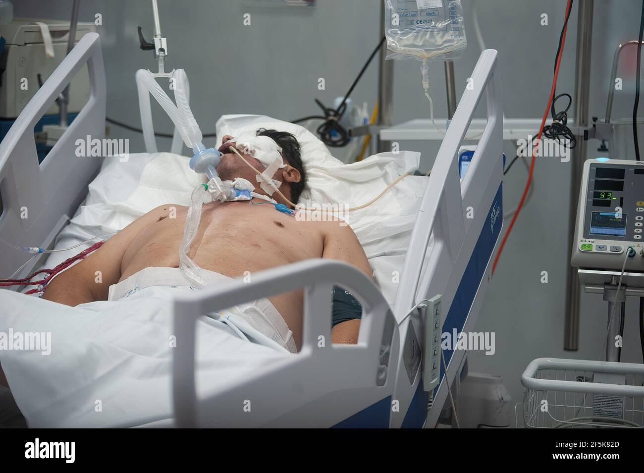 A COVID19 patient in critical condition seen on a hospital bed at IESS ...