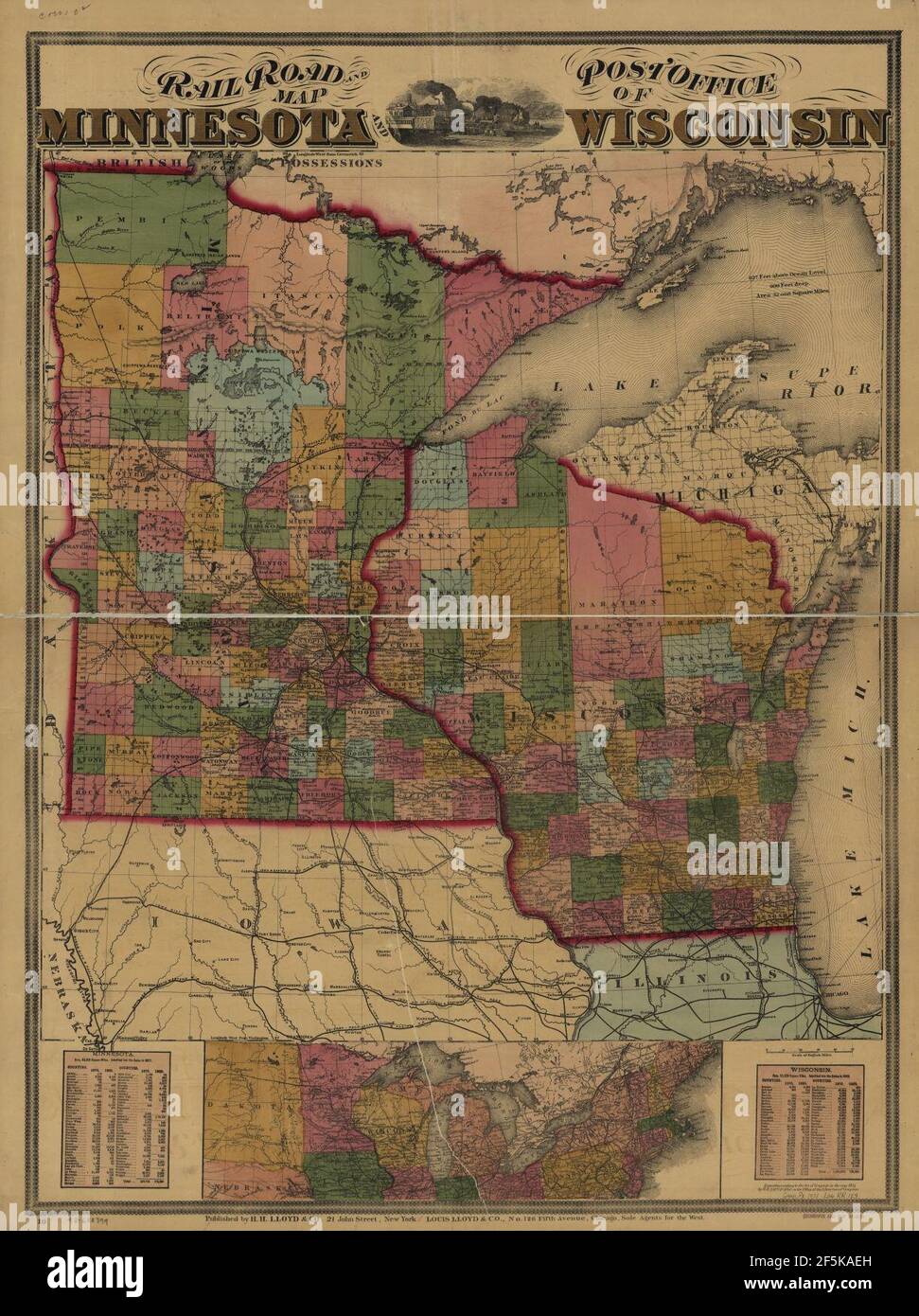 Railroad and post office map of Minnesota and Wisconsin Stock Photo - Alamy