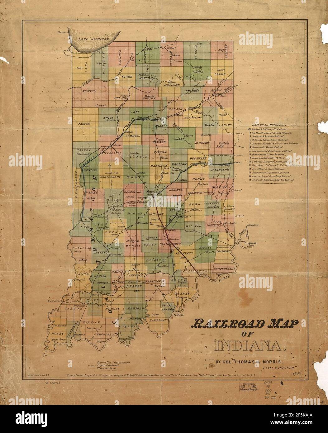 Railroad map of Indiana, by Col. Thomas A. Morris, Civil Engineer Stock ...