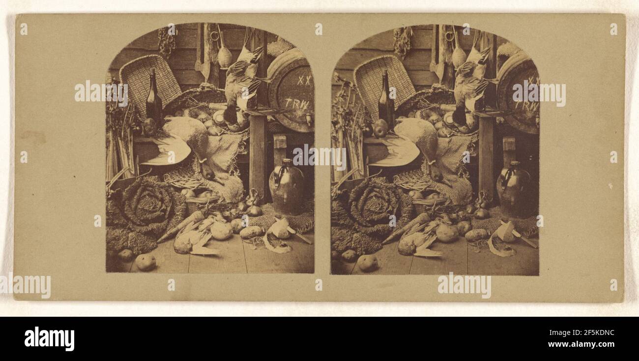 Still Life with hanging ducks, fruits, baskets, wine bottle, jug and ...