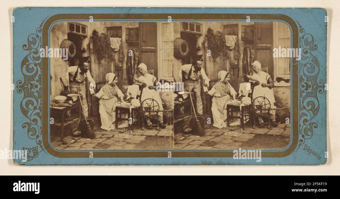 Sewing scene: two women with thread and machine, man handing one of the ...