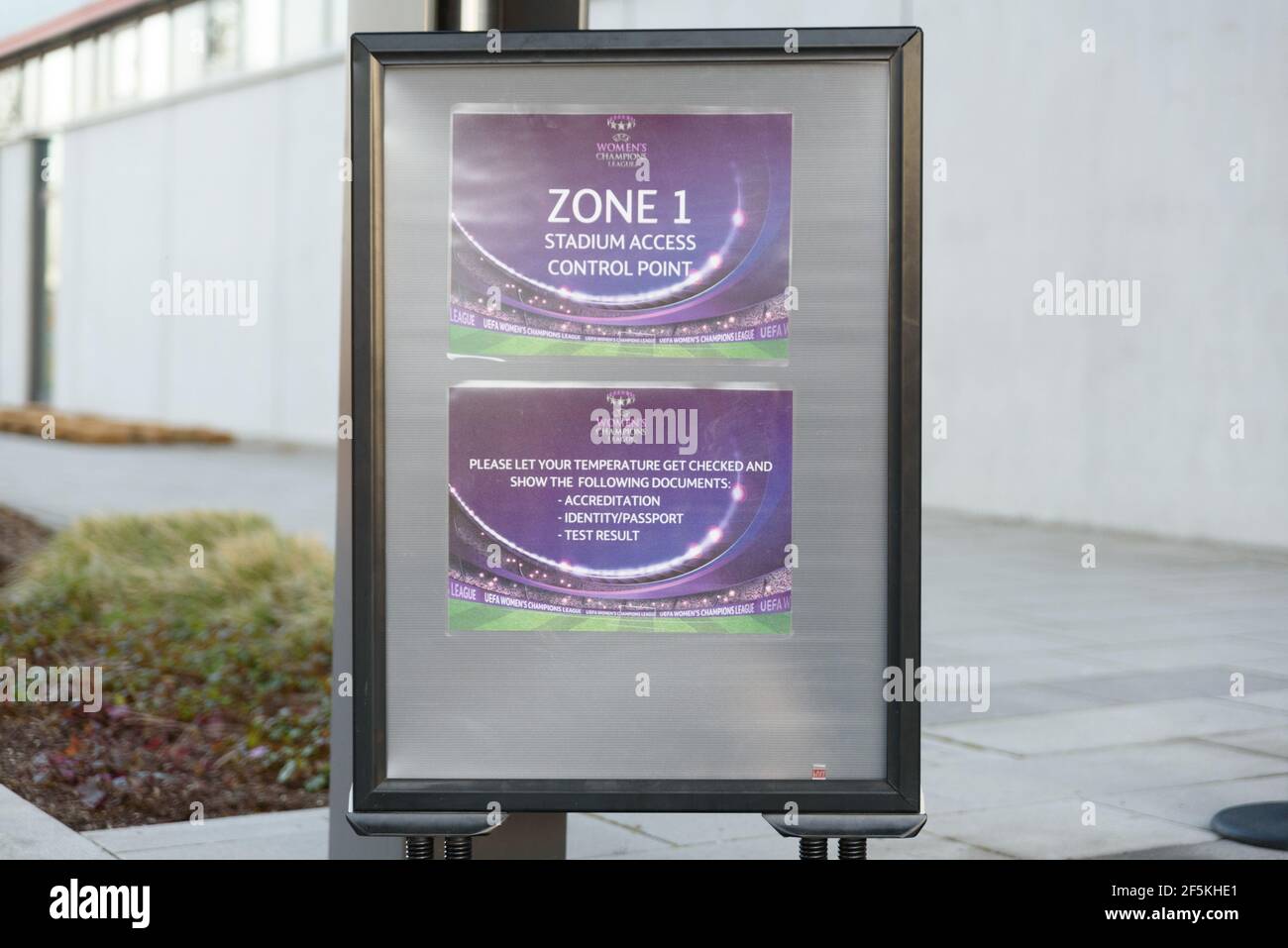 Munich, Germany. 24th Mar, 2021. Stadium access control point sign ...