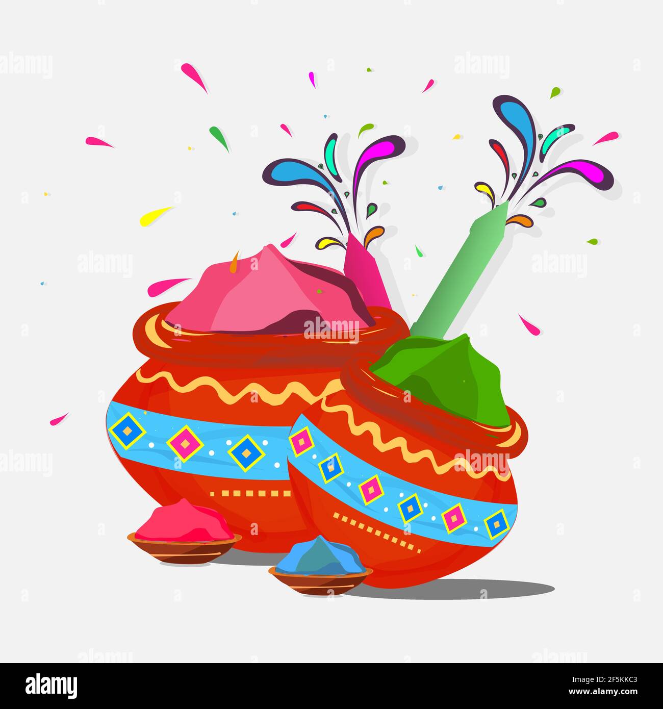 Vector illustration of colorful traditional Holi powder in the pot and ...
