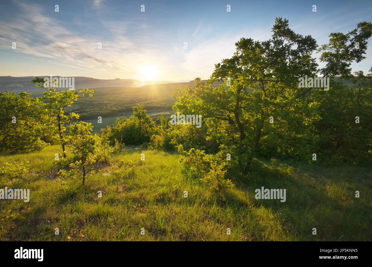 Mountain sunrise landscape. Sun and tree Stock Photo - Alamy