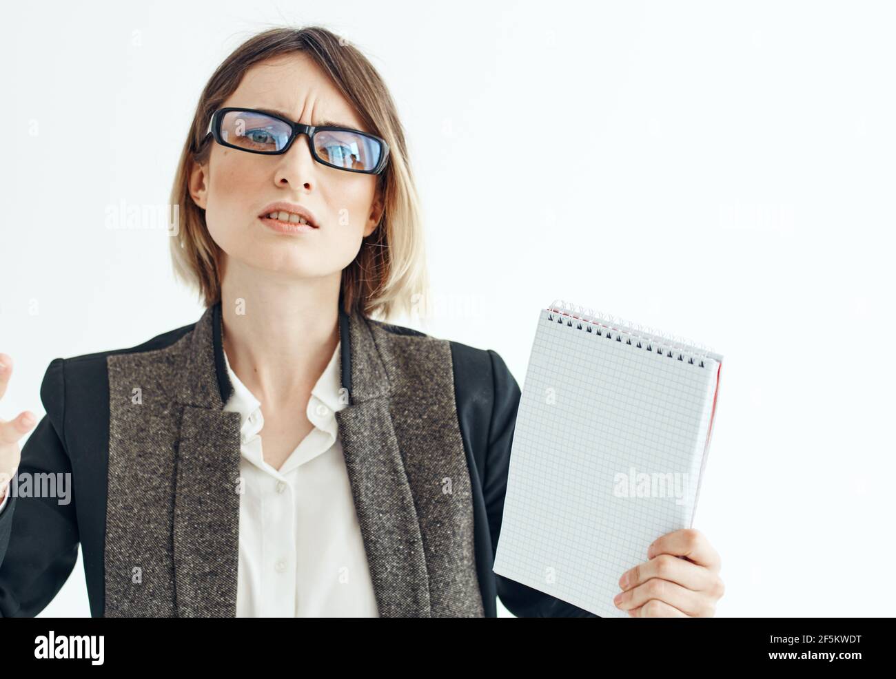 woman holding notepad business finance glasses mockup Stock Photo - Alamy