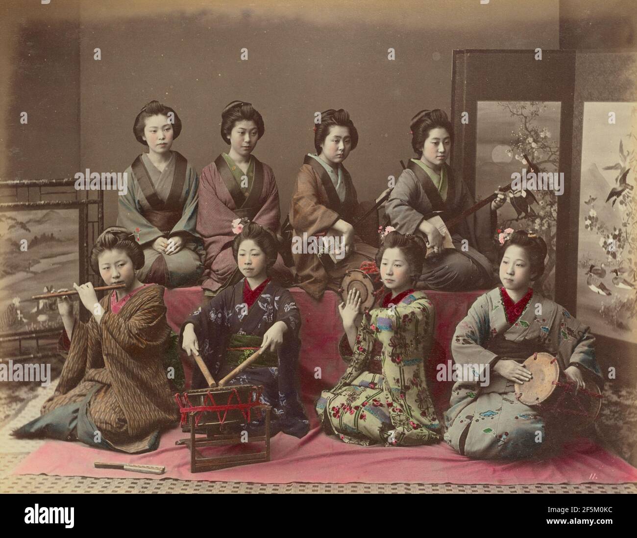 Playing Samisen, Tsudzumi, Fuye and Taiko. Kusakabe Kimbei (Japanese ...