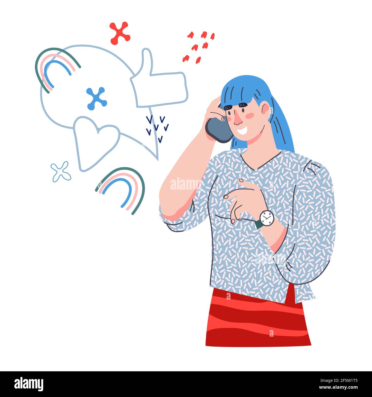 Young woman talking phone surrounded with various symbols of social ...