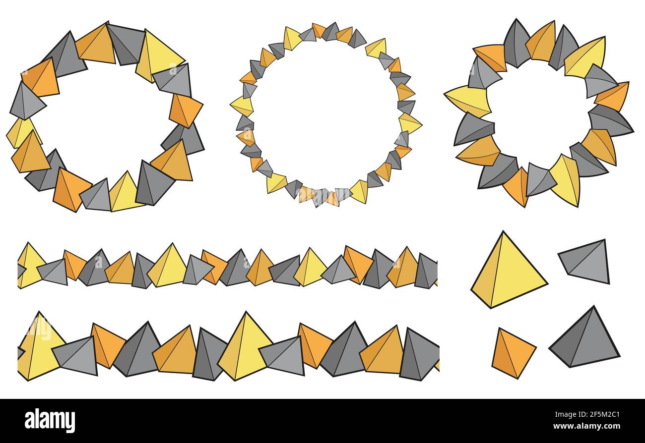 Set of round frame with 3d pyramids, seamless border and single element ...