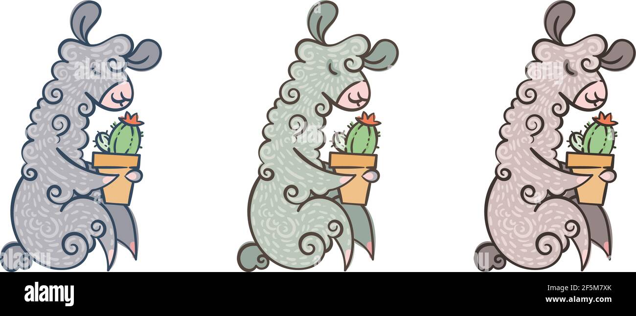 Set of cute curly alpacas with blooming cactus in a clay pot ...
