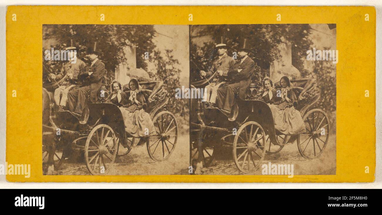 Two women in a horse-drawn carriage with two men drivers wearing top ...