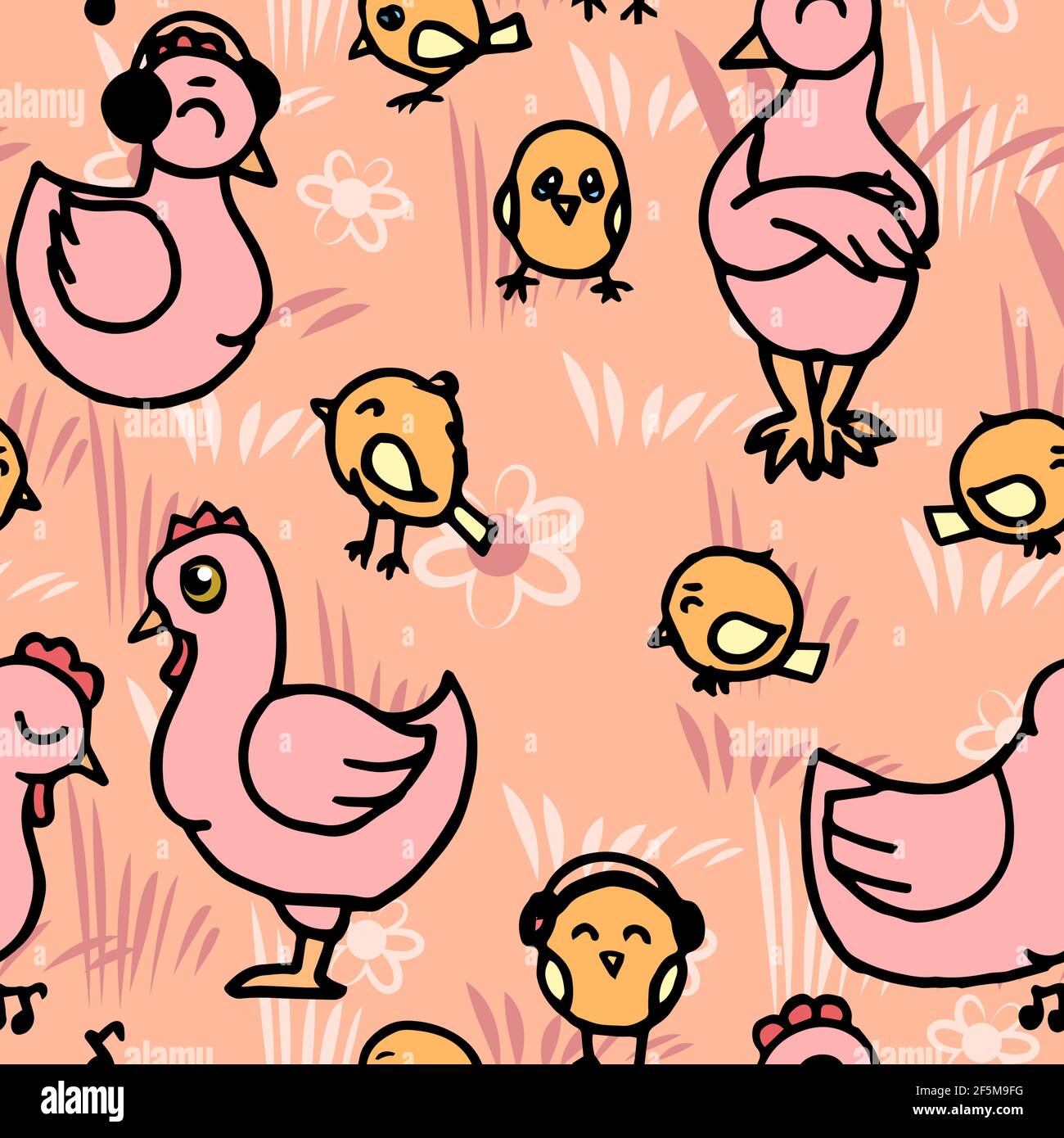 Chickens and chicks. Seamless illustration. Cartoon sketch style. Hand ...