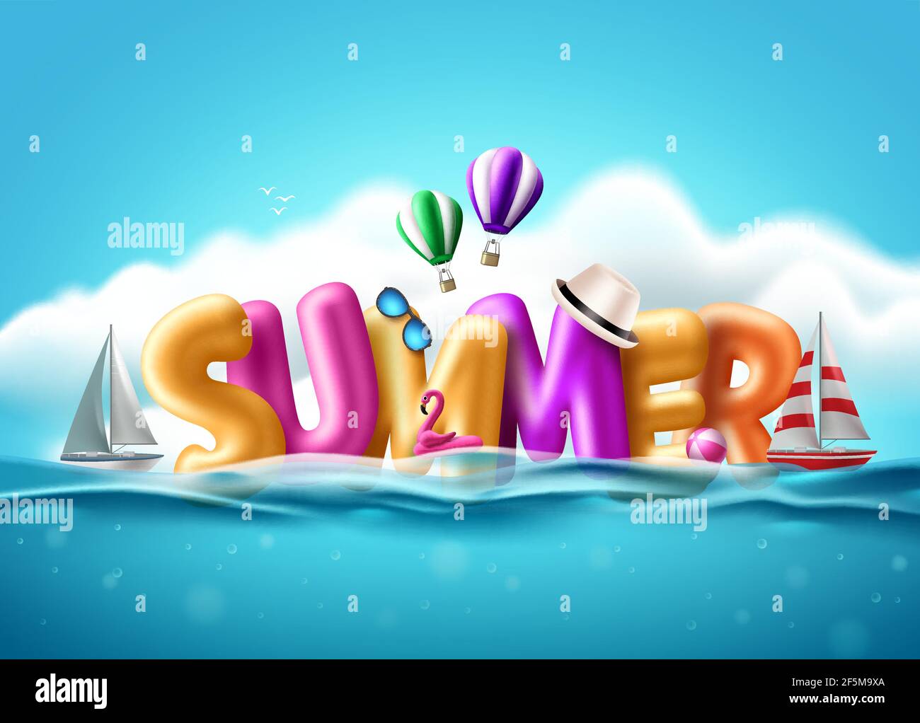 Summer balloon text vector design. Summer 3d text balloons floating in ...