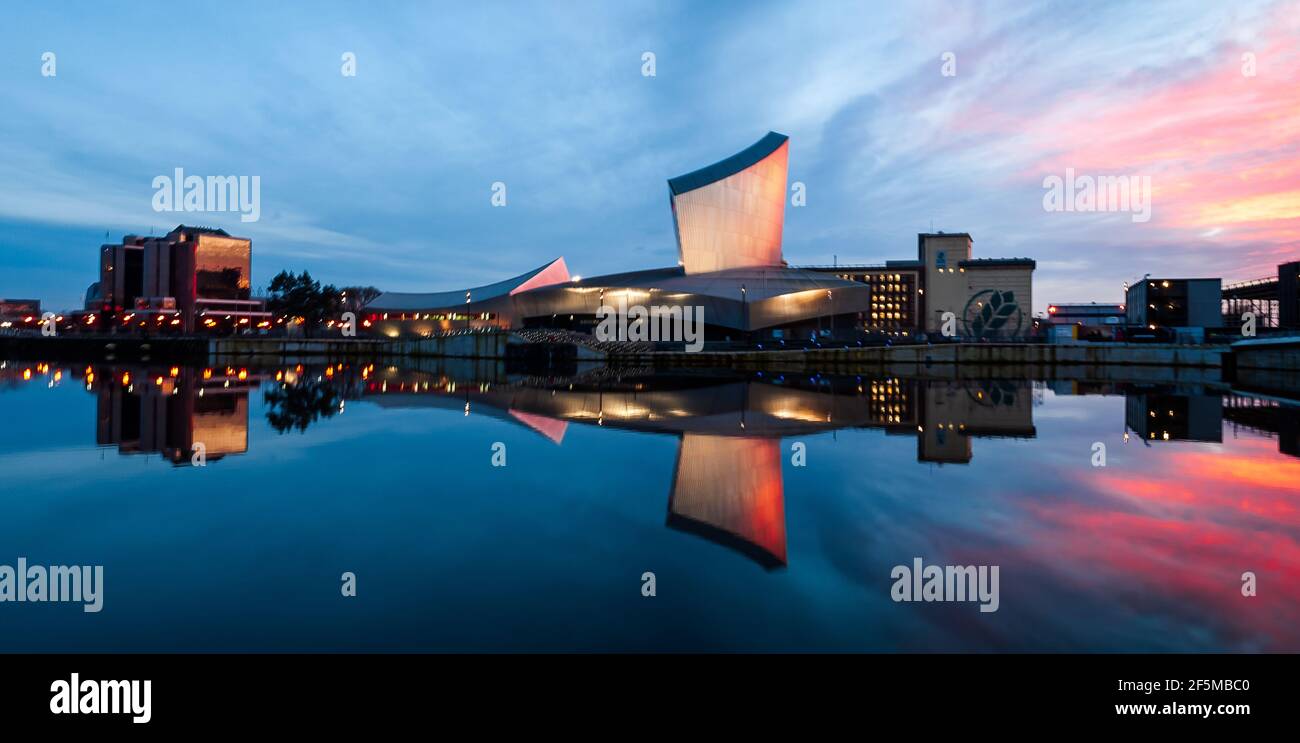 Sunset at media city in Manchester UK Stock Photo - Alamy