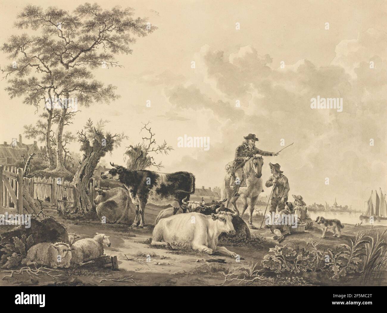 Landscape with Cattle, Sheep, and Herders. Jacob van Strij (Dutch, 1756 ...